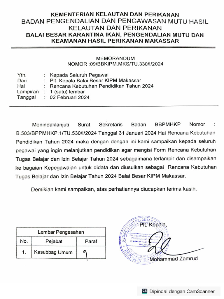 Memo rencana kebutuhan tugas belajar dan ijin belajar | PDF