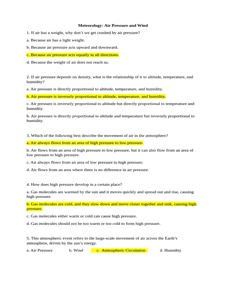 Air-Pressure-Wind-Questions | PDF | Atmosphere Of Earth | Atmospheric ...
