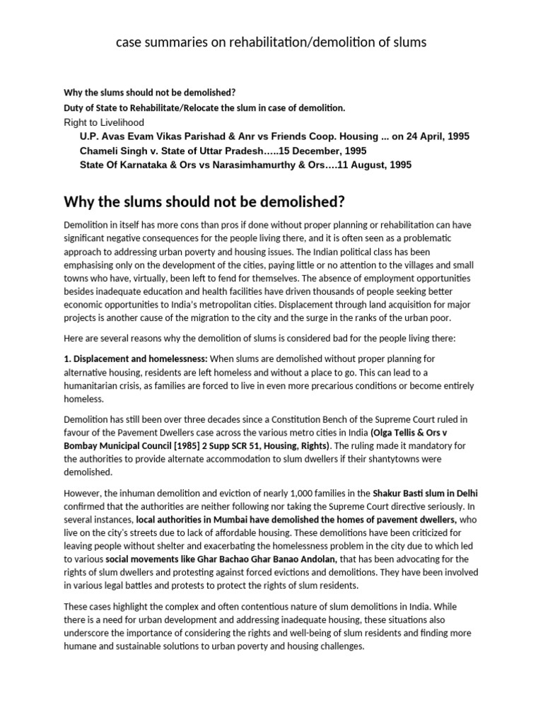 Case Summaries On Rehabilitation - Demolition of Slums | PDF | Slum ...