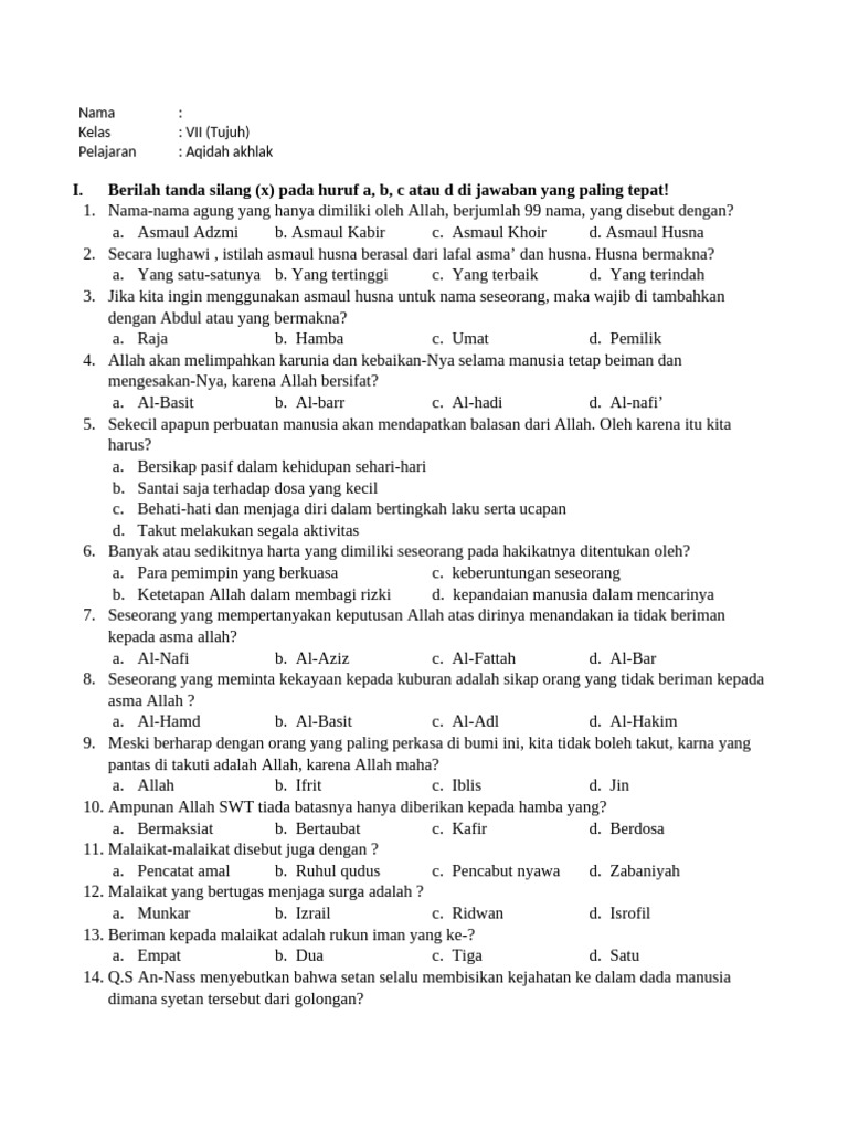 Soal Aqidah, SBK, TIK PTS Genap TP 2023-2024 | PDF