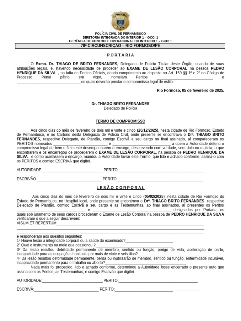 Exame de Lesão Corporal em Rio Formoso | PDF | Lesão corporal (crime ...