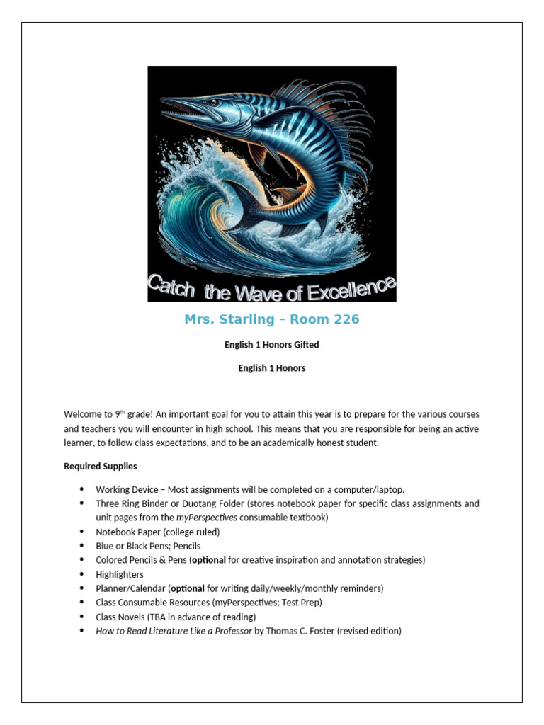 9th Grade English 1 Honors Syllabus | PDF