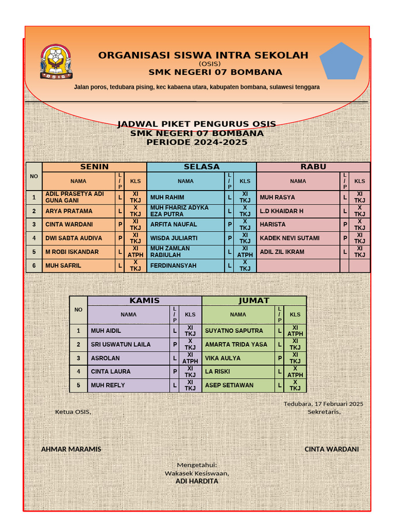 Jadwal Piket Anggota Osis Periode 2024-2025 | PDF