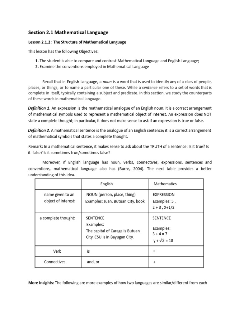Lesson 2.1.2 The Structure of Mathematical Language | PDF | English ...