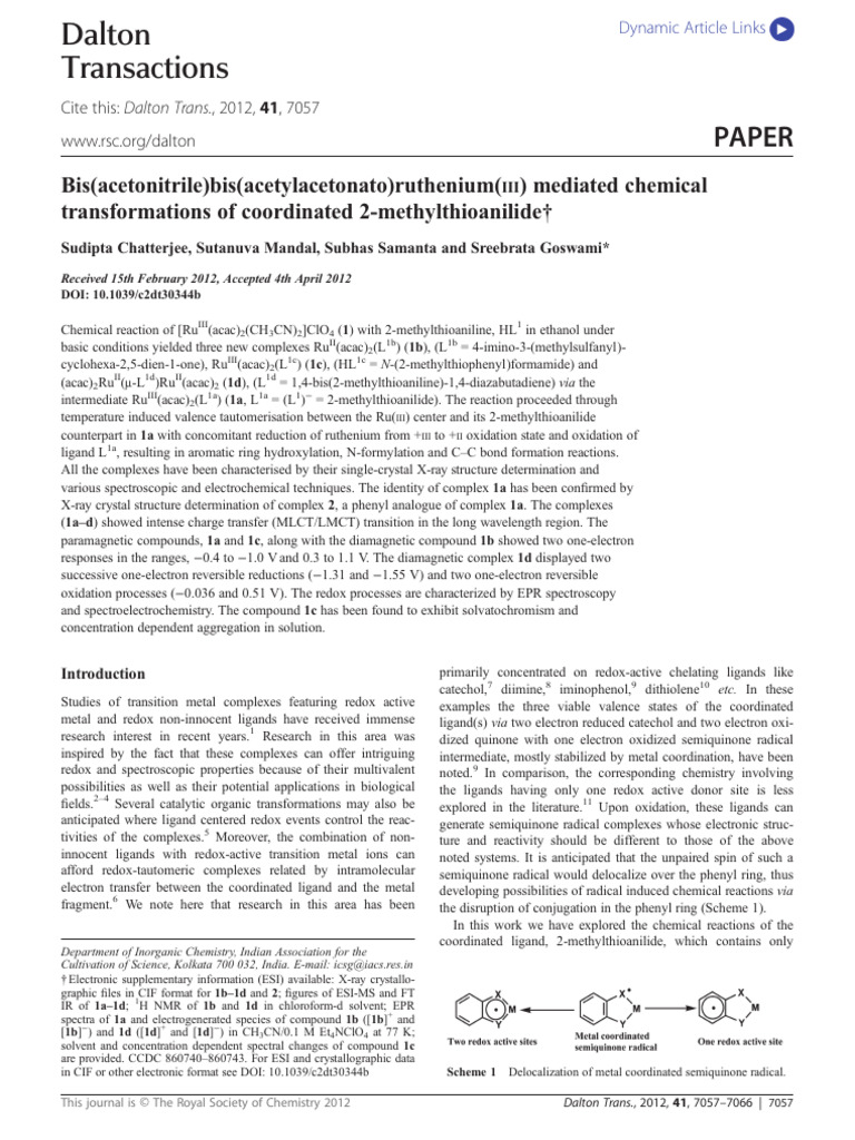 14. Dalton Trans - 2012 - 2 | PDF | Coordination Complex | Redox