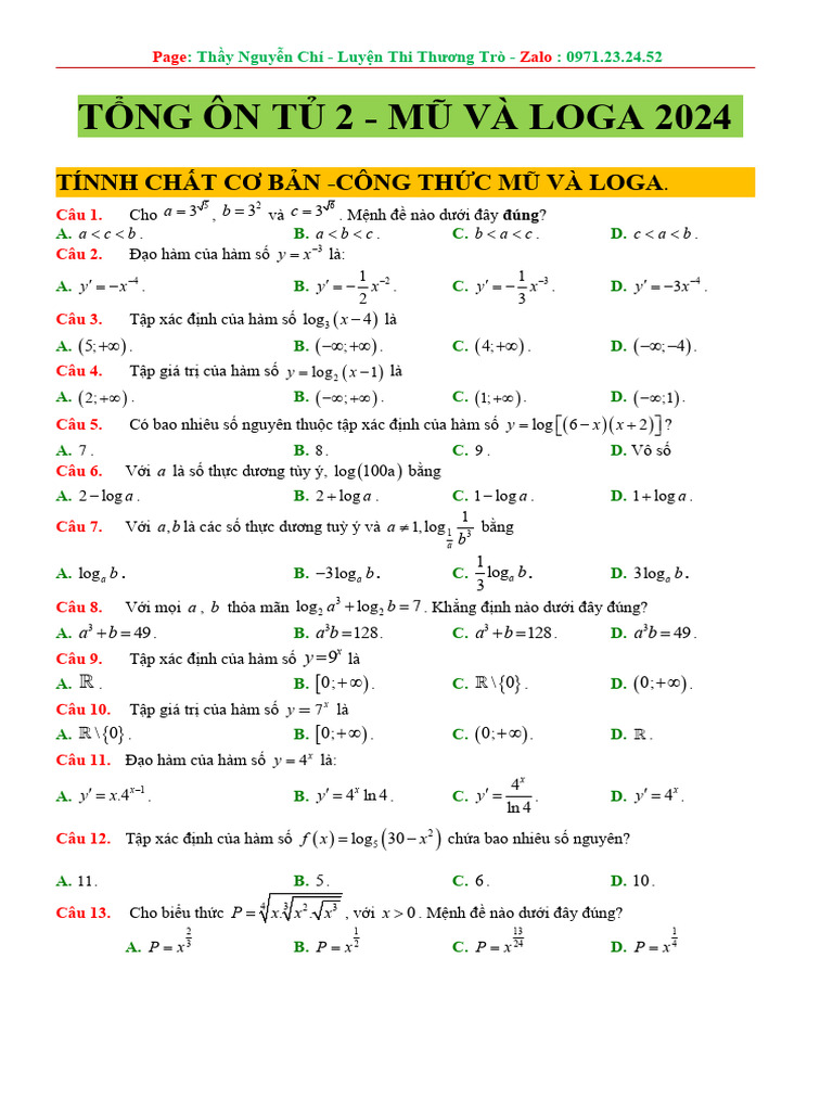 CHUYÊN ĐỀ 2 TỔNG ÔN TU MŨ VA LOGA - 2024 | PDF