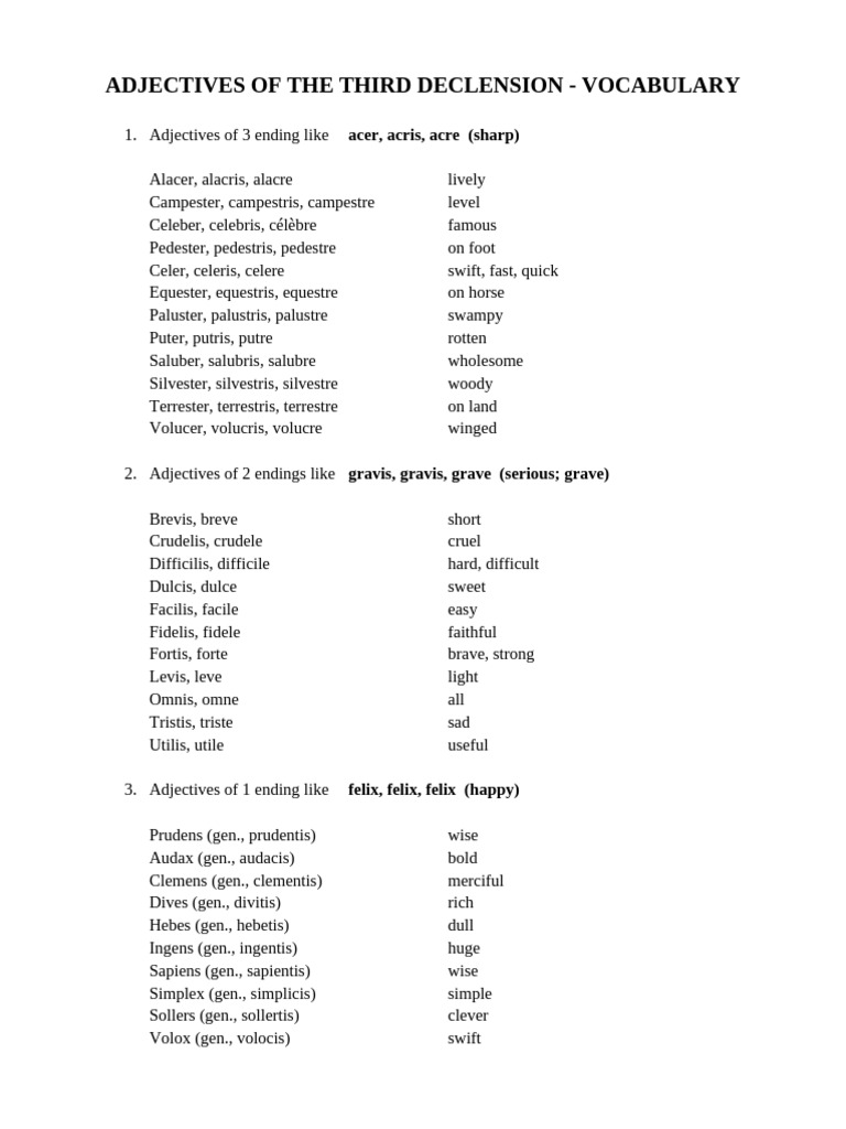Third Declension Adjectives Vocabulary | PDF