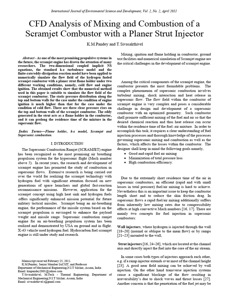 CFD Analysis of Mixing and Combustion of A Scramjet Combustor With A Planer Strut Injector | PDF ...