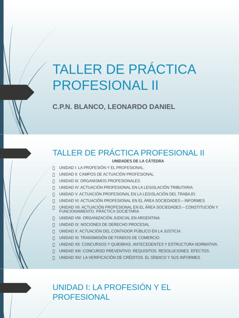 TALLER DE PRACTICA PROFESIONAL II - UNIDAD I | PDF
