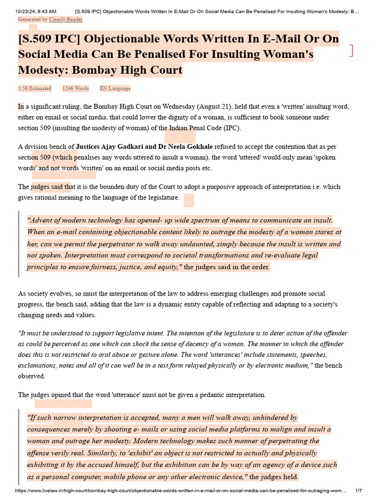 (S.509 IPC) Objectionable Words Written in E-Mail or On Social Media ...