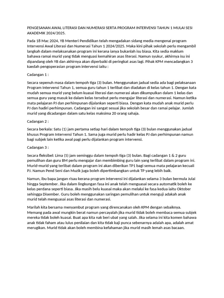 Pengesanan Awal Literasi Dan Numerasi Serta Program Intervensi Tahun 1 Mulai Sesi Akademik 2024 ...