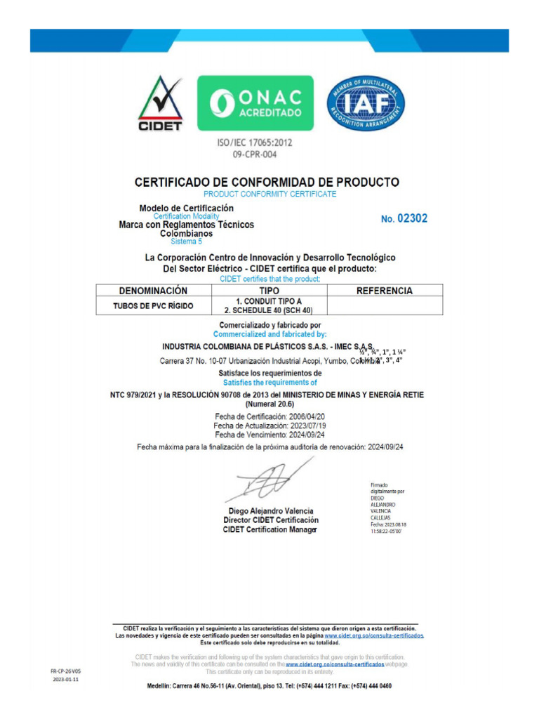 Certificado Tubo PVC SCH40 4in | PDF