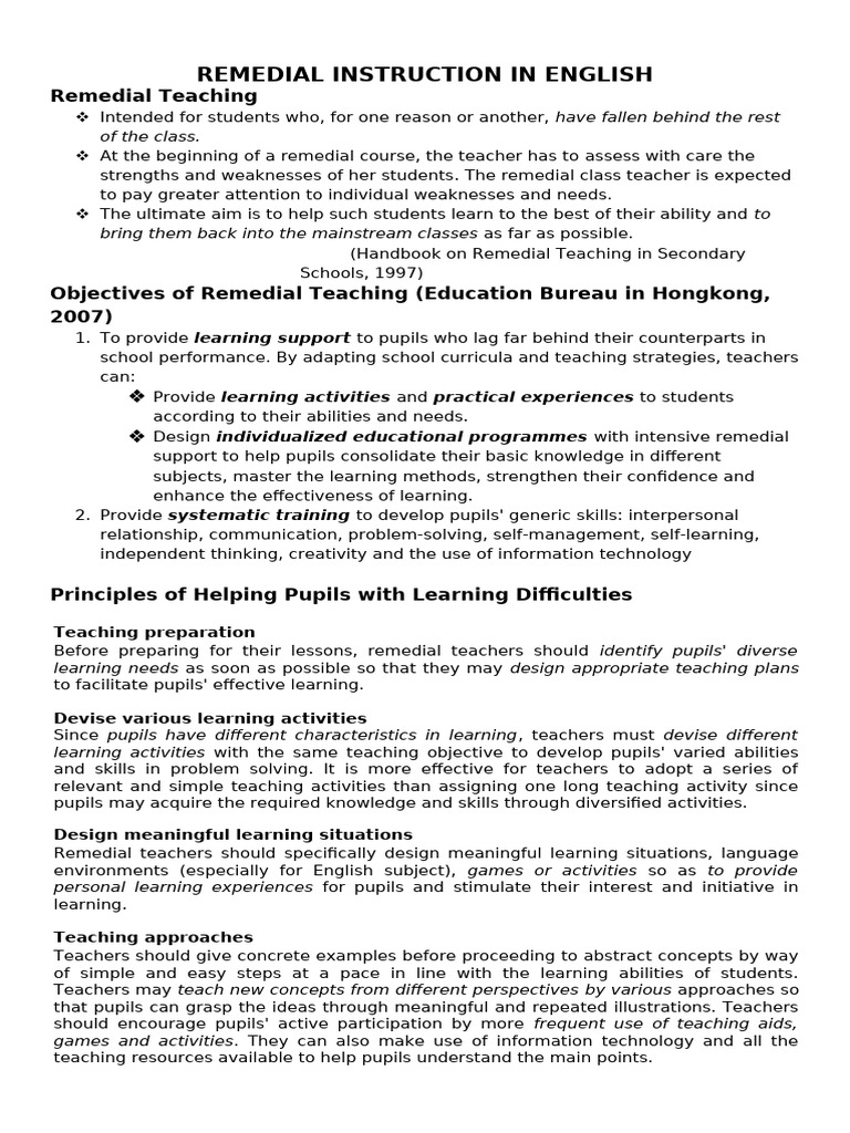 Remedial Instruction in English Final Handout 1 | PDF | Phonics | Learning
