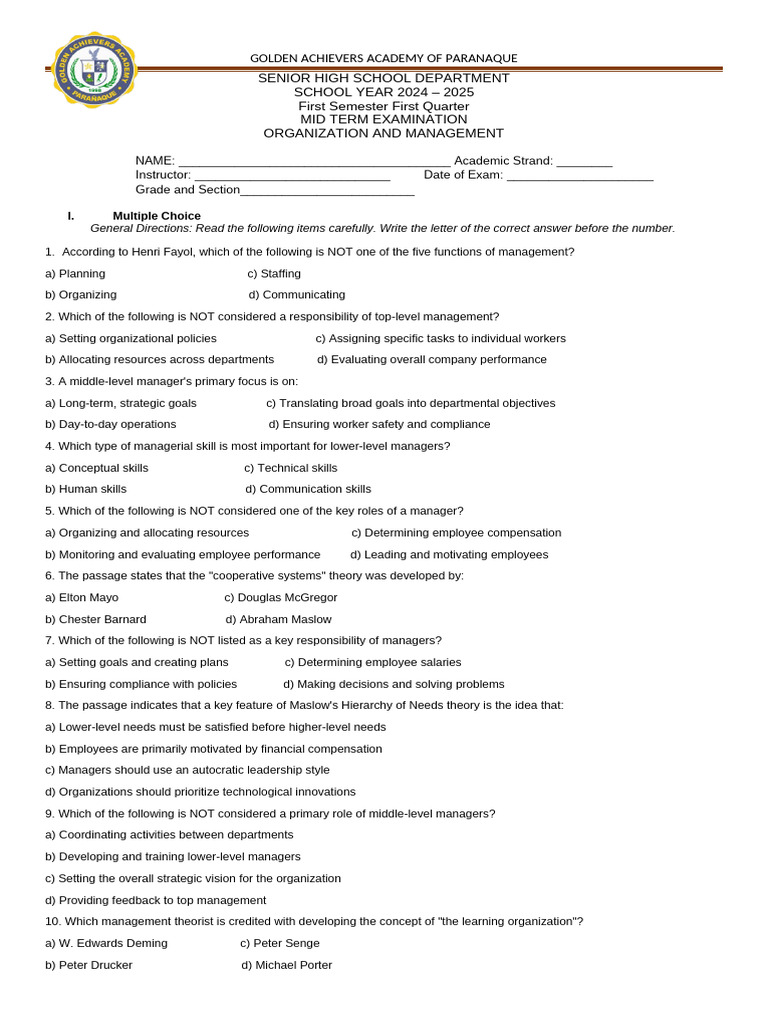 Midterm Exam: Organization & Management | PDF | Sole Proprietorship ...