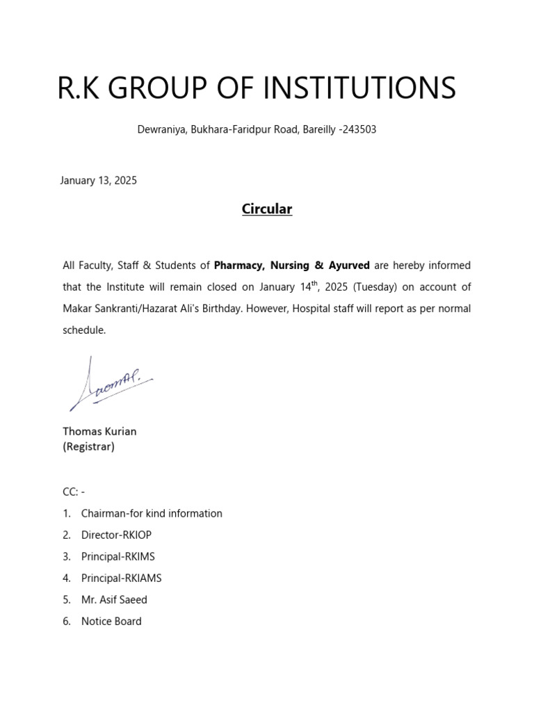 Circular For (Holiday On 14-Jan-2025) 13-Jan-2025 | PDF