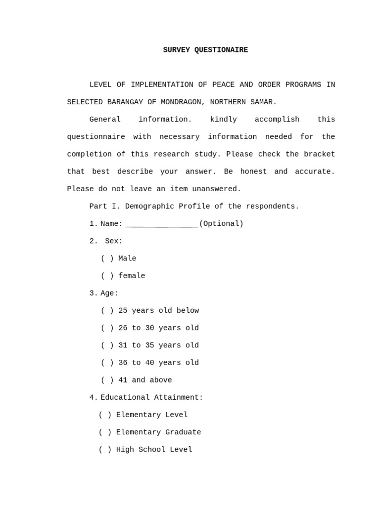 Peace and Order Programs Survey in Mondragon | PDF | Questionnaire ...