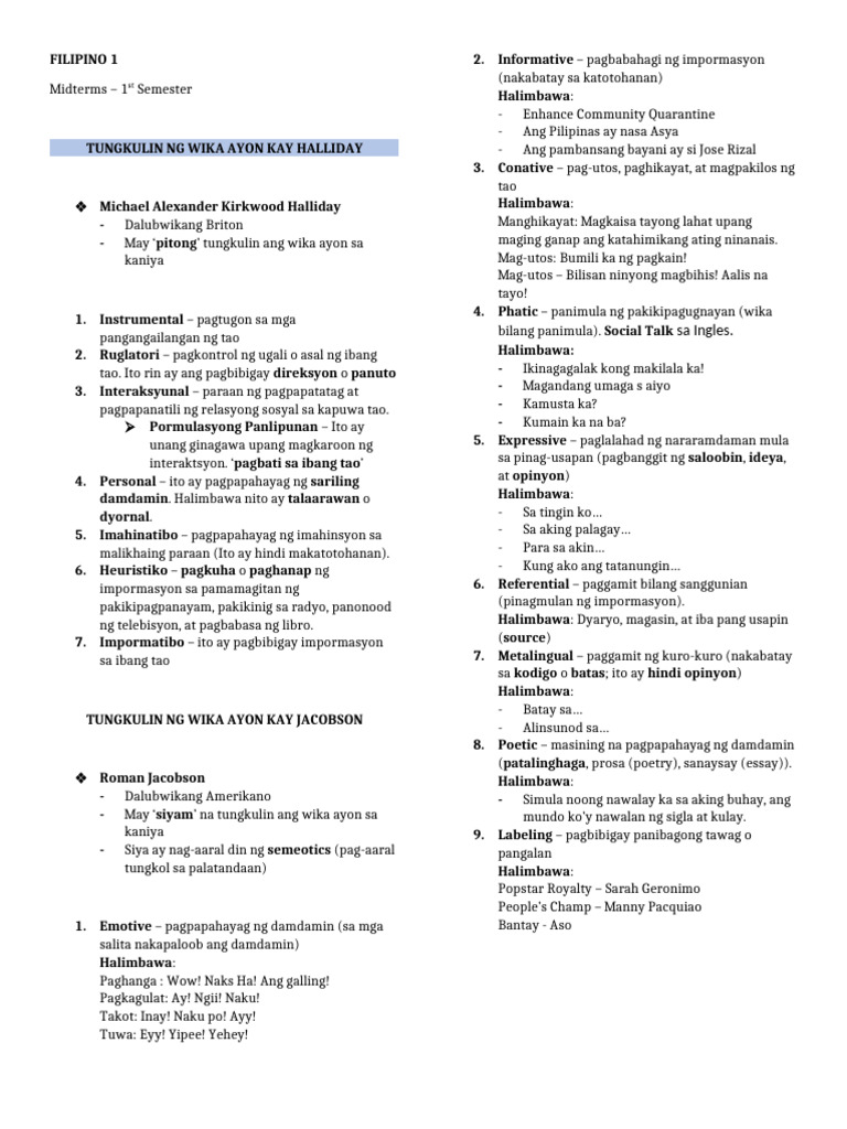 FILIPINO 1_MIDTERMS (1st SEMESTER) | PDF