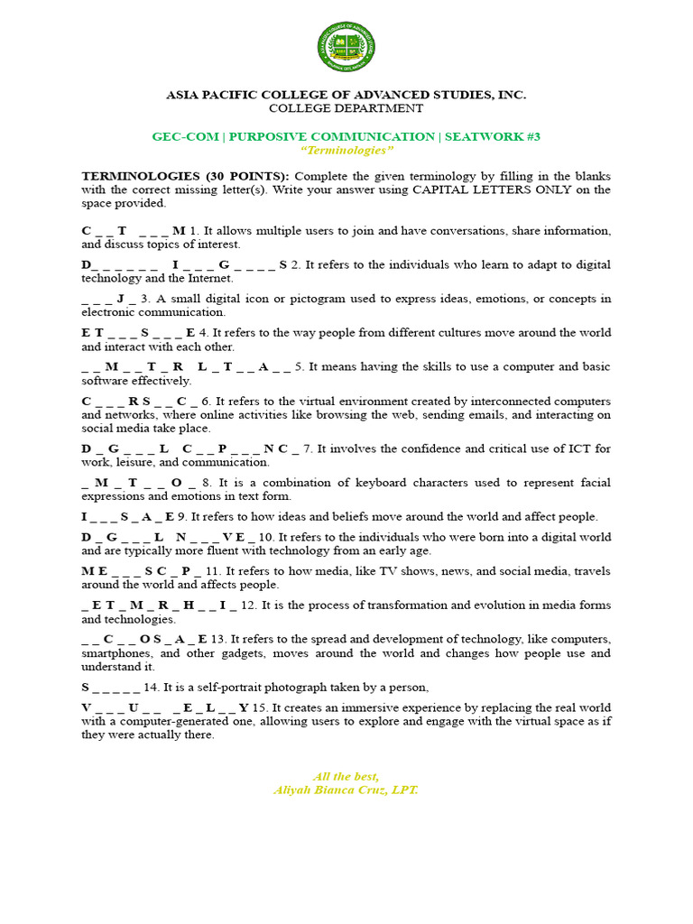 Prelim - Week 3 - Seatwork - Gec-Com | PDF | Communication | Educational Technology