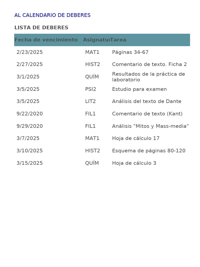 Calendario de Deberes | PDF