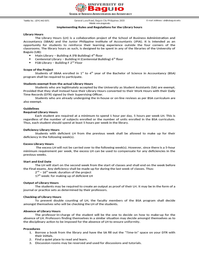 Implementing Rules and Regulations For The Library Hours | PDF
