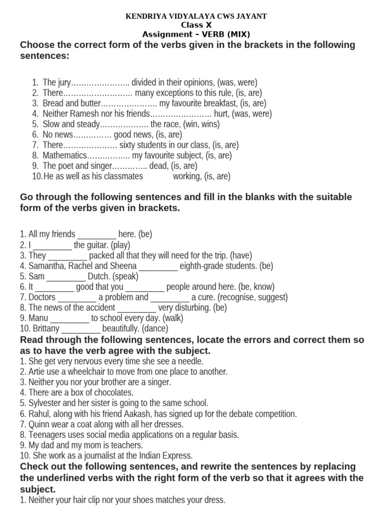 Subject Verb Concord Assignment Class 10 | PDF | Television Series Created | Glee (TV Series)