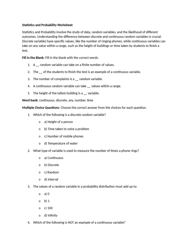 Statistics and Probability Worksheet | PDF | Probability Distribution ...