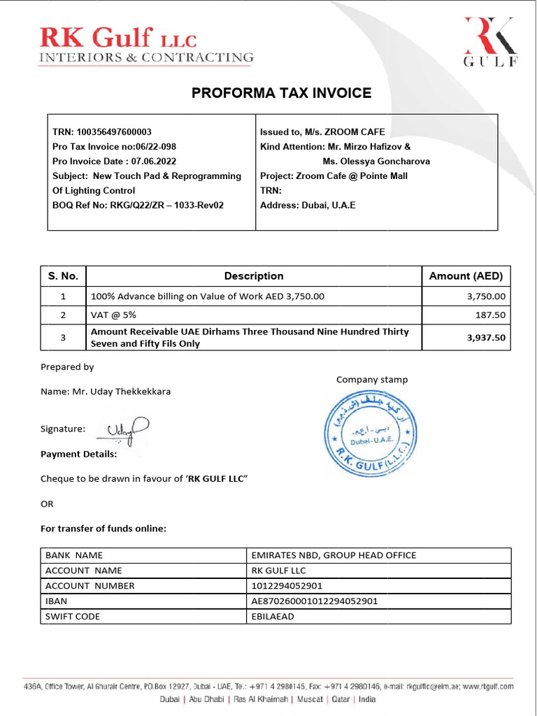 RK Gulf LLC Additional Work Invoice - 098 - For Project Zroom Cafe at ...