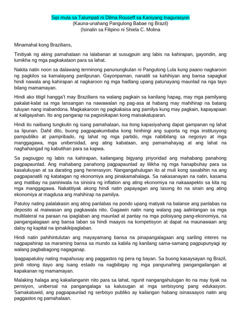 TALUMPATI - Sipi Mula Sa Talumpati Ni Dilma Rouseff Sa Kaniyang ...