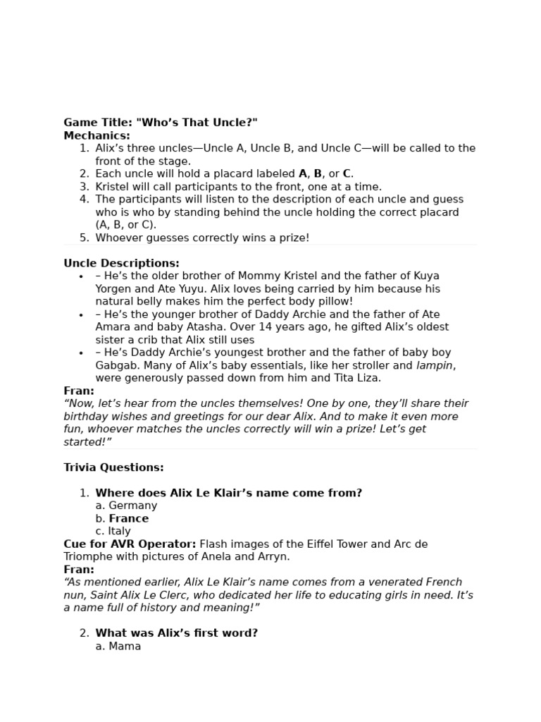 Who's That Uncle? Game Mechanics & Trivia | PDF | Foods | Cuisine