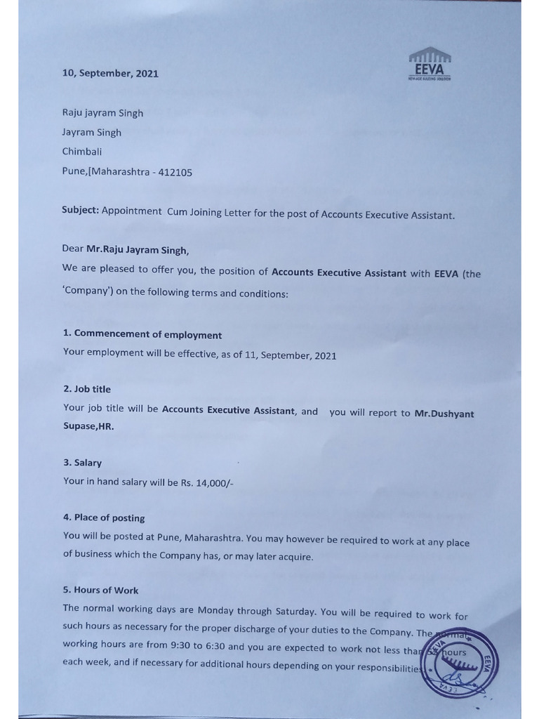 Joining Letter Raju Singh by EEVA | PDF