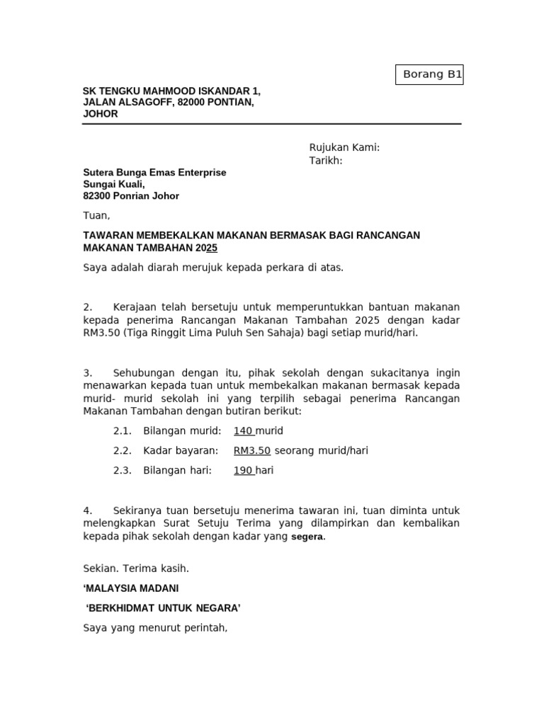 b1 Surat Tawaran Pembekal RMT PDF Free | PDF