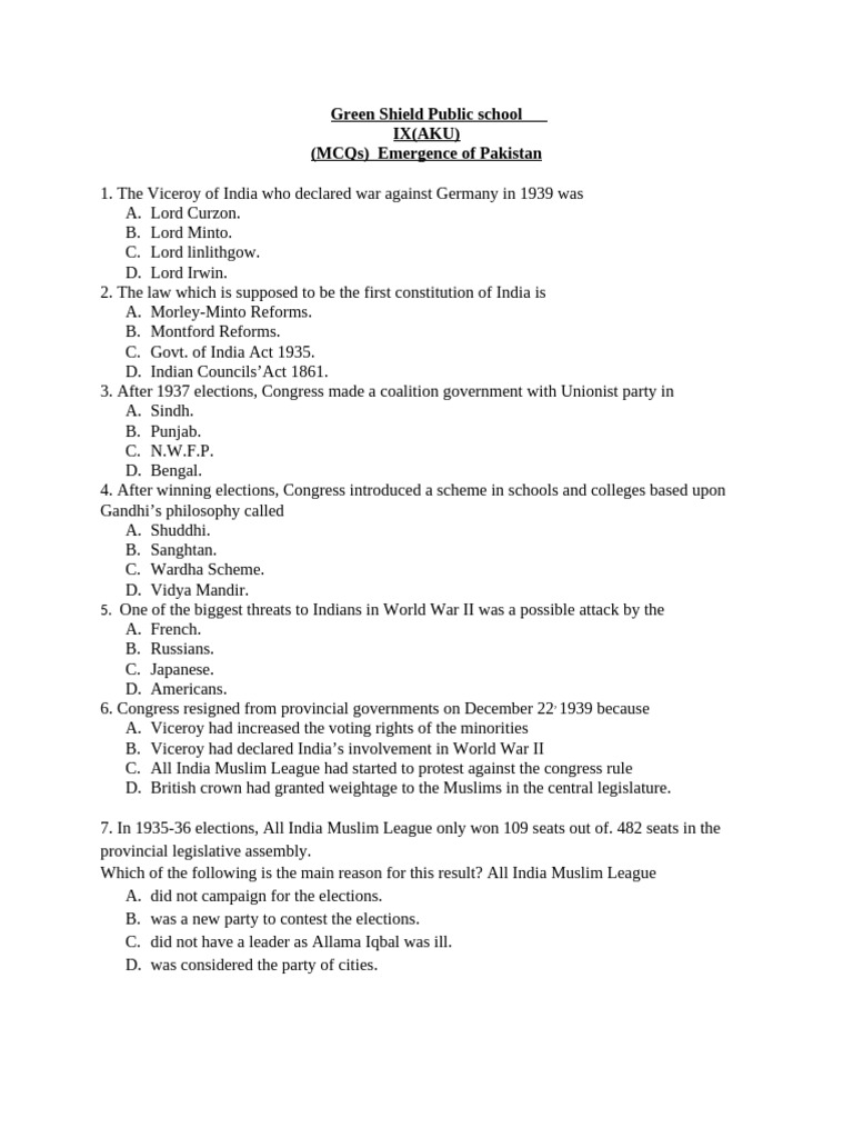 Emergence of Pakistan IX Worksheet | PDF | All India Muslim League ...