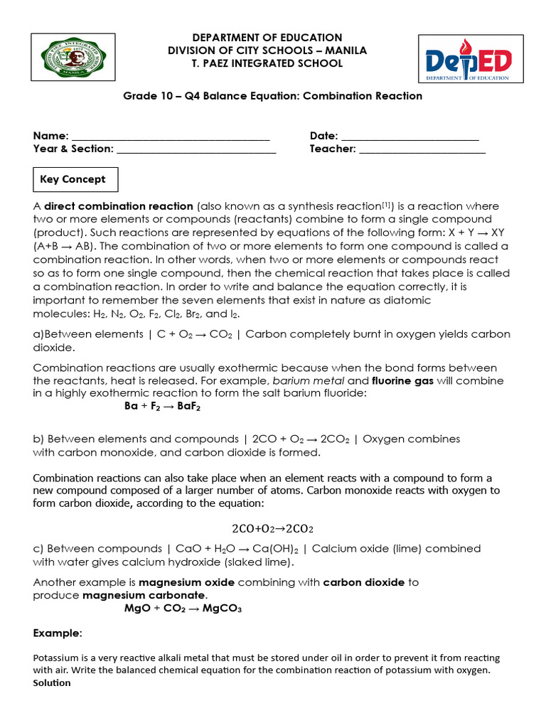 Quijanoregino v. Worksheet Combination Reaction 1 | PDF | Hydroxide ...