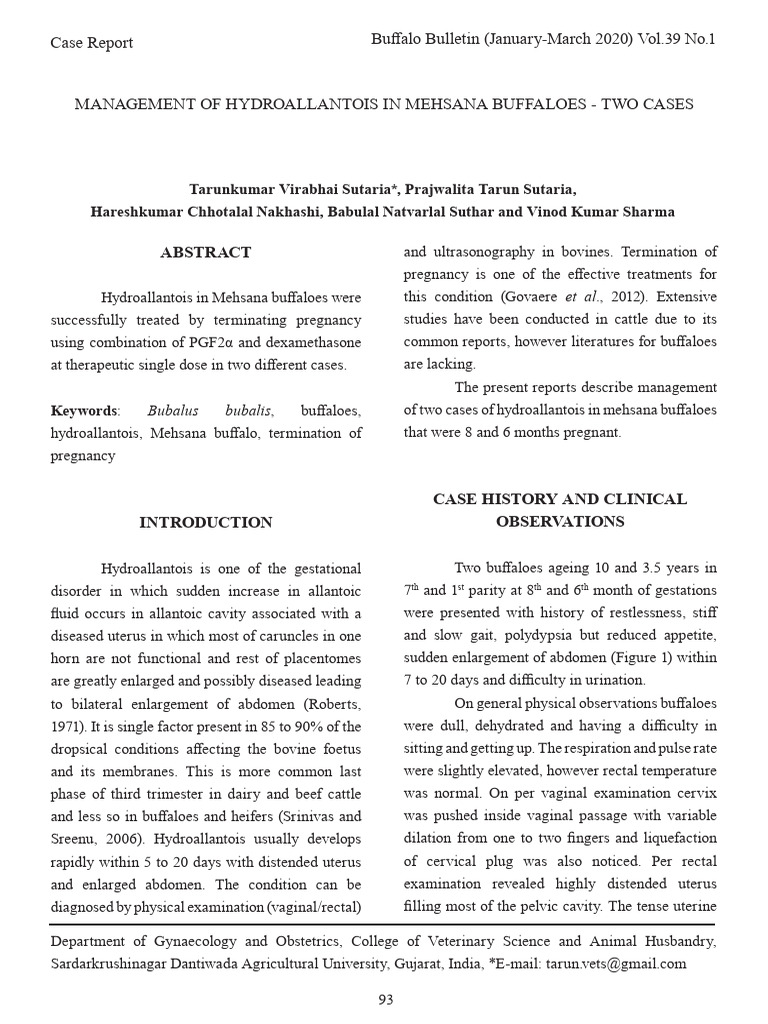 Sutaria Et Al 2020 Management of Hydroallantois in Mehsana Buffaloes Two Cases | PDF | Vagina ...
