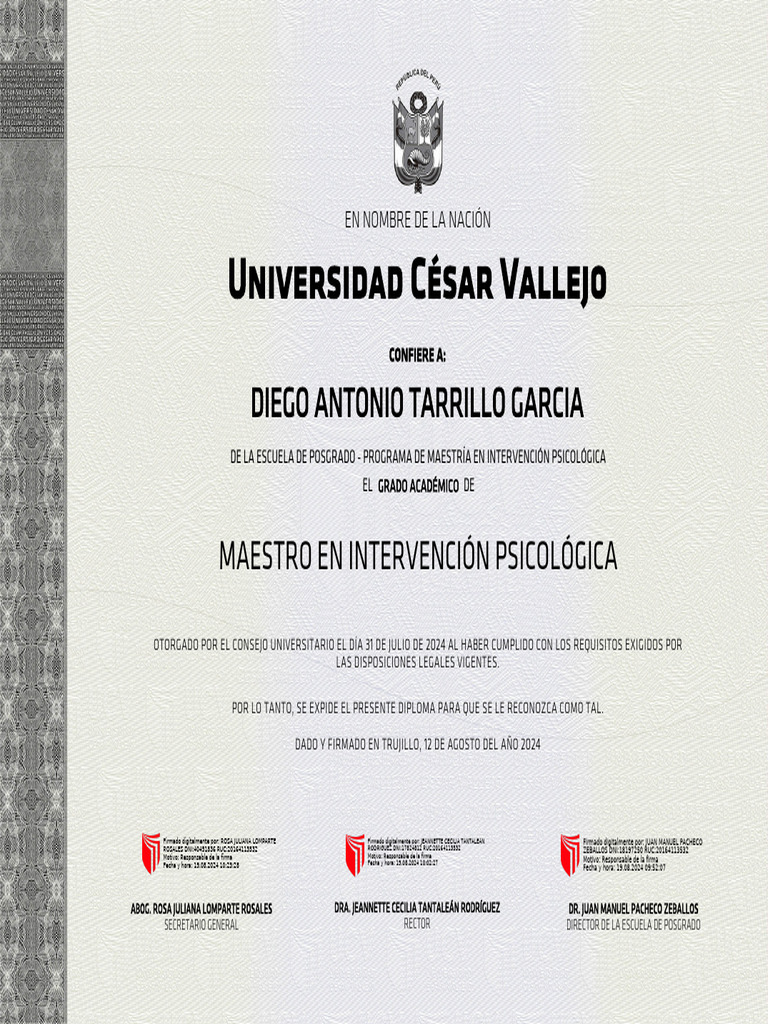 Universidad César Vallejo: Diego Antonio Tarrillo Garcia | PDF | Diploma