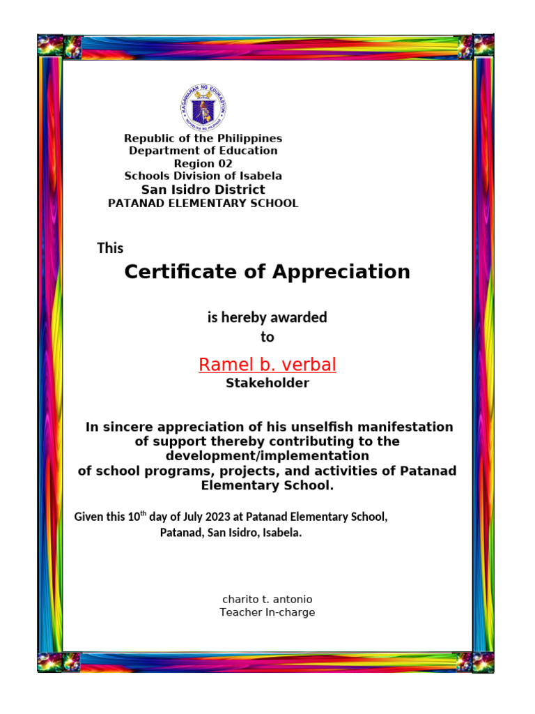 Certificate of Appreciation Stakeholders | PDF | Government ...