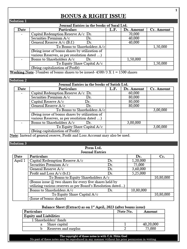 11D Bonus & Right Issue | PDF | Equity (Finance) | Balance Sheet
