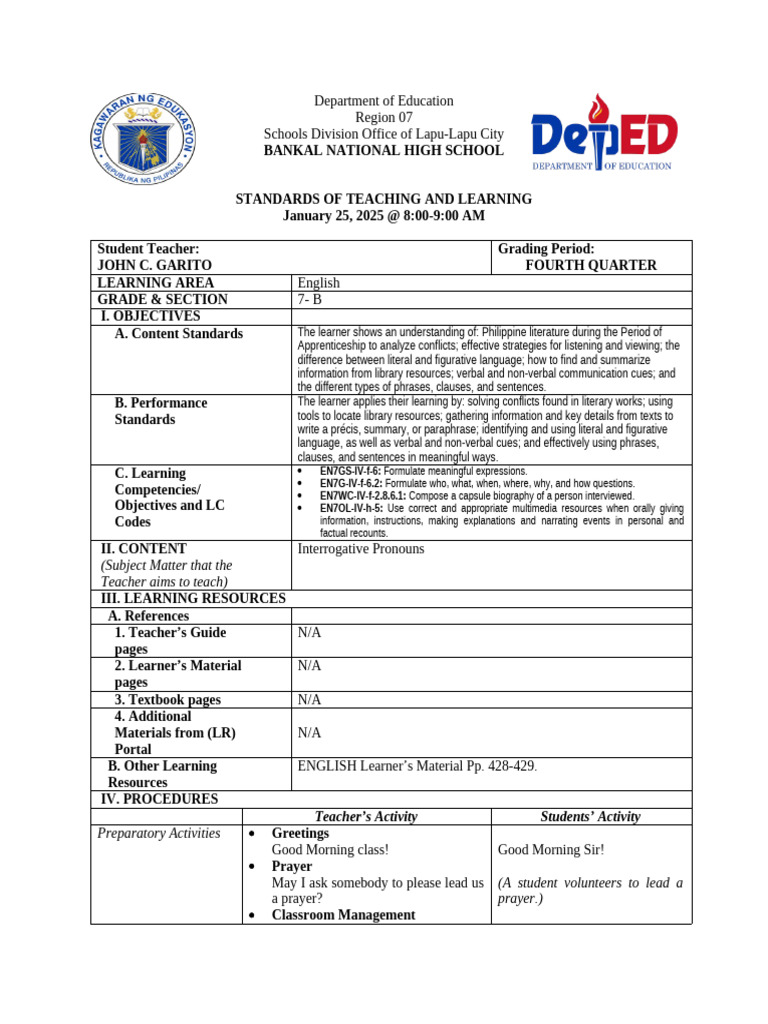 DLP-English-Grade 7 | PDF | Question | Learning