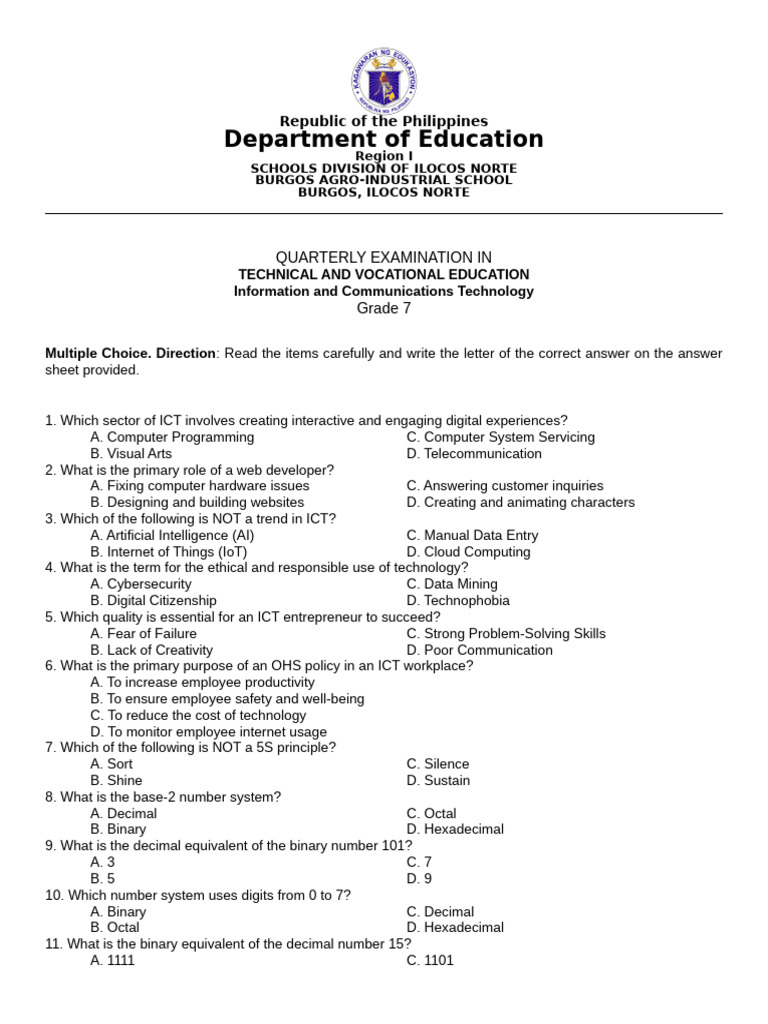 Grade 7 ICT Quarterly Exam Questions | PDF | Entrepreneurship ...