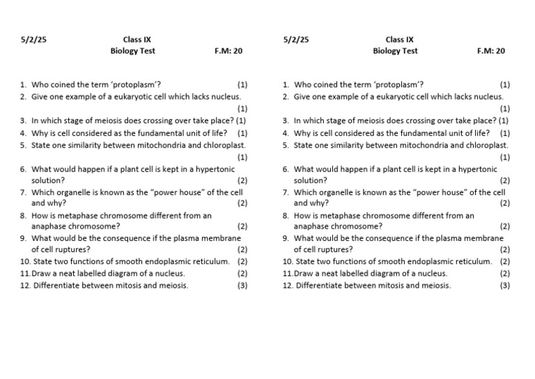 Class IX Biology Test Questions | PDF | Cell (Biology) | Meiosis