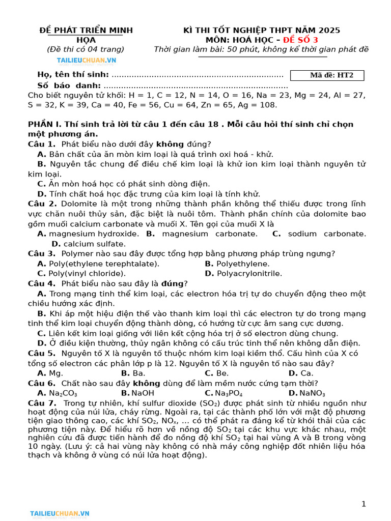 ĐỀ VIP 3 PHÁT TRIỂN ĐỀ MINH HỌA BGD NĂM 2025 MÔN HÓA HỌC HT2 - 4vYMMjm94D | PDF