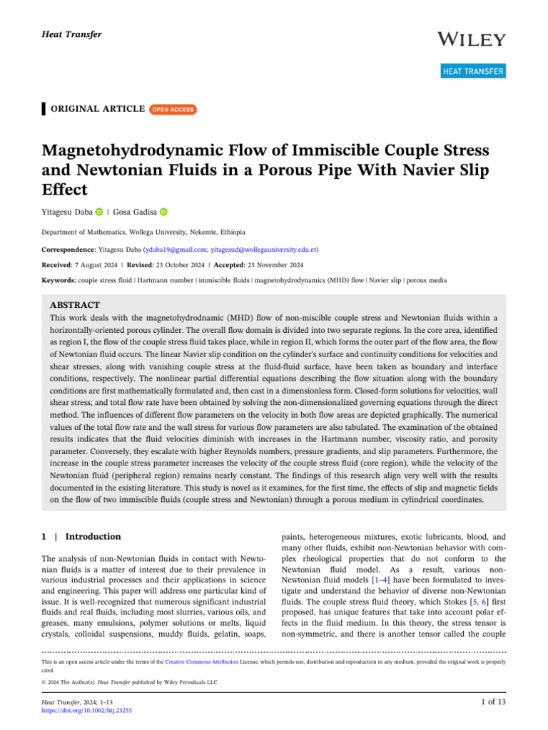 Magnetohydrodynamic Flow of Immiscible Couple Stre | PDF | Fluid Dynamics | Shear Stress
