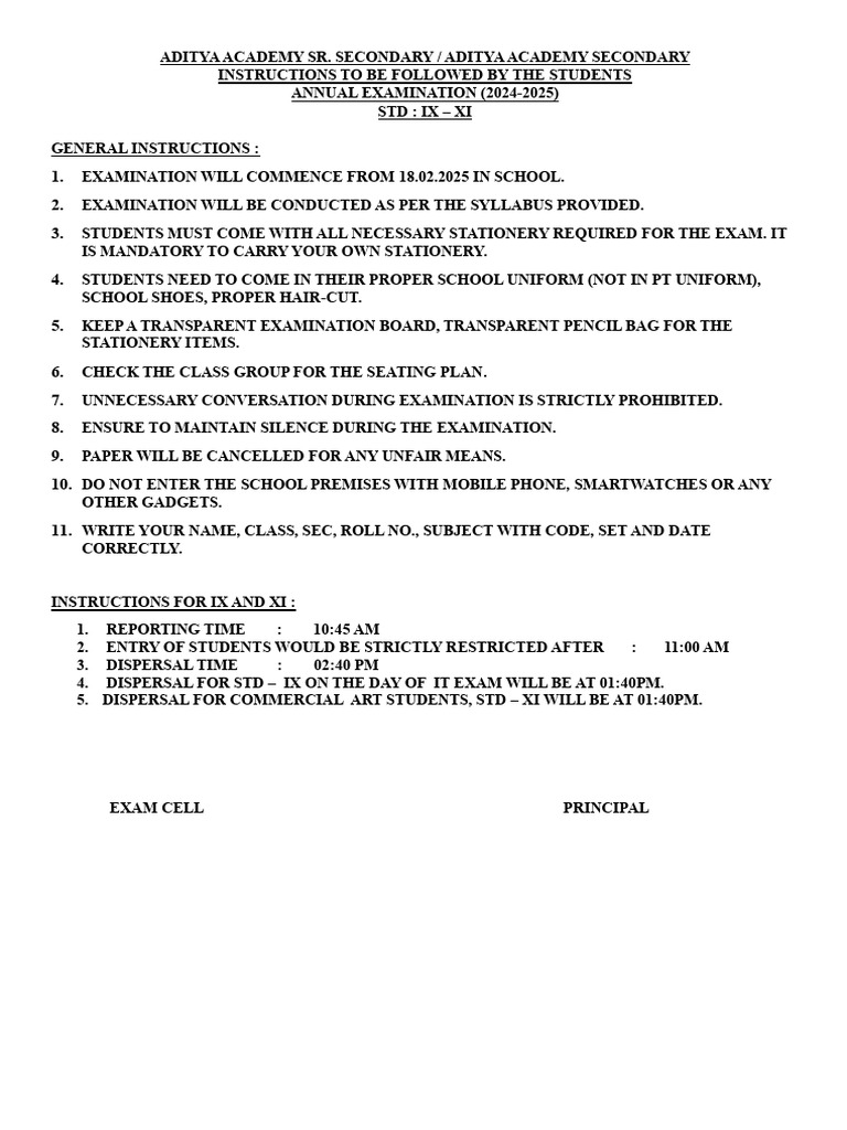 Annual Exam Instructions 2024-2025 | PDF