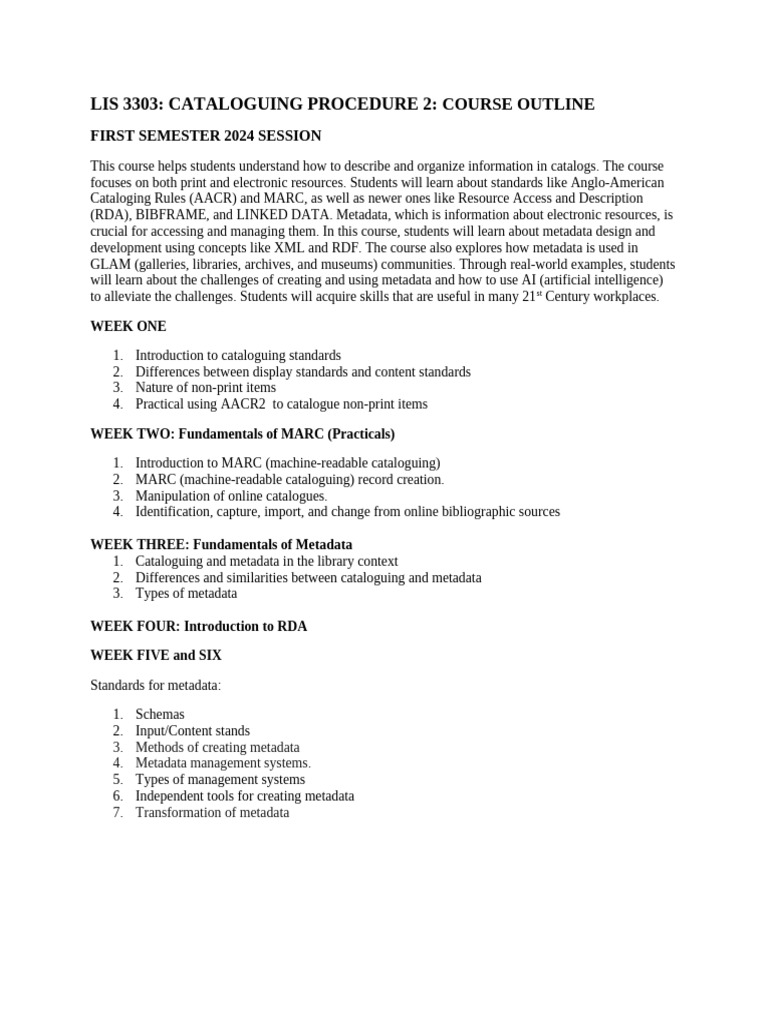 Course Outline Lis 3303 Cataloguing Procedure 2 | PDF | Metadata ...