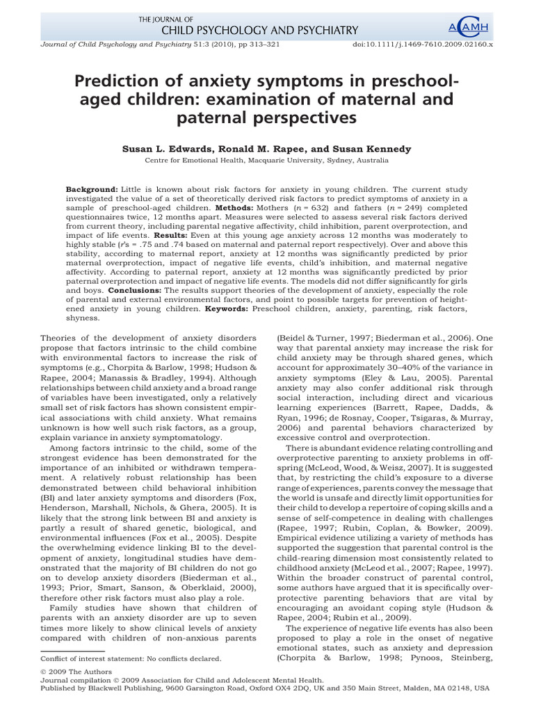 Prediction of Anxiety Symptoms in Preschool - Aged Children ...