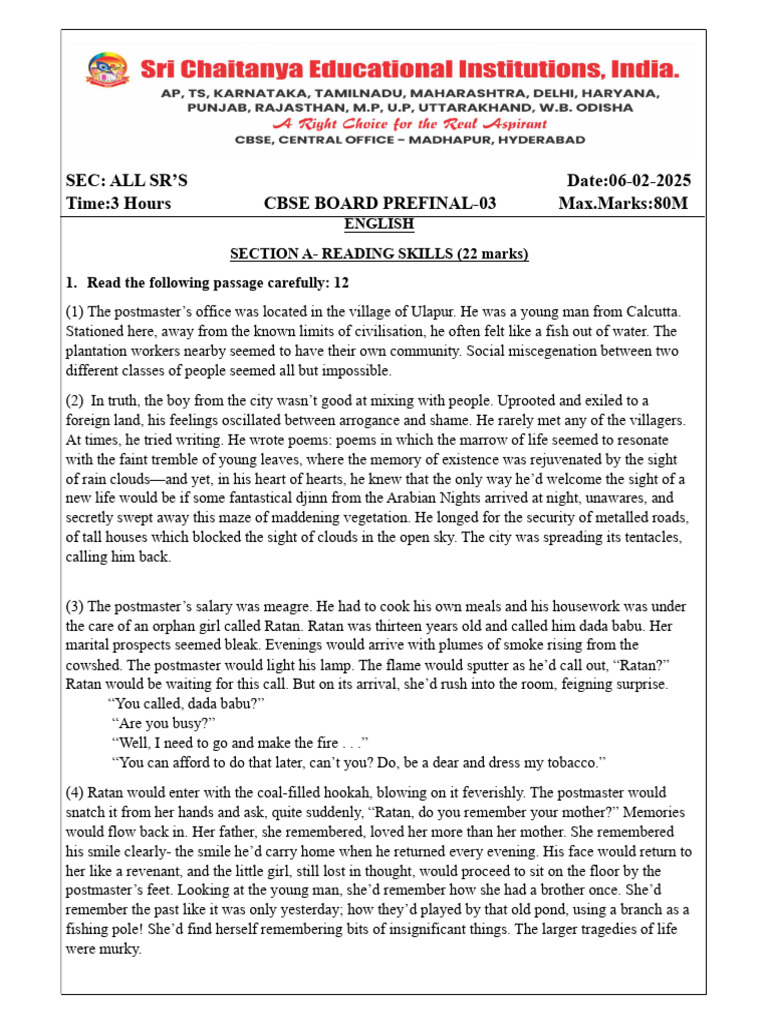 CBSE ALL SR'S PREFINAL-3 ENGLISH QP 06-02-2025 | PDF | Millennials