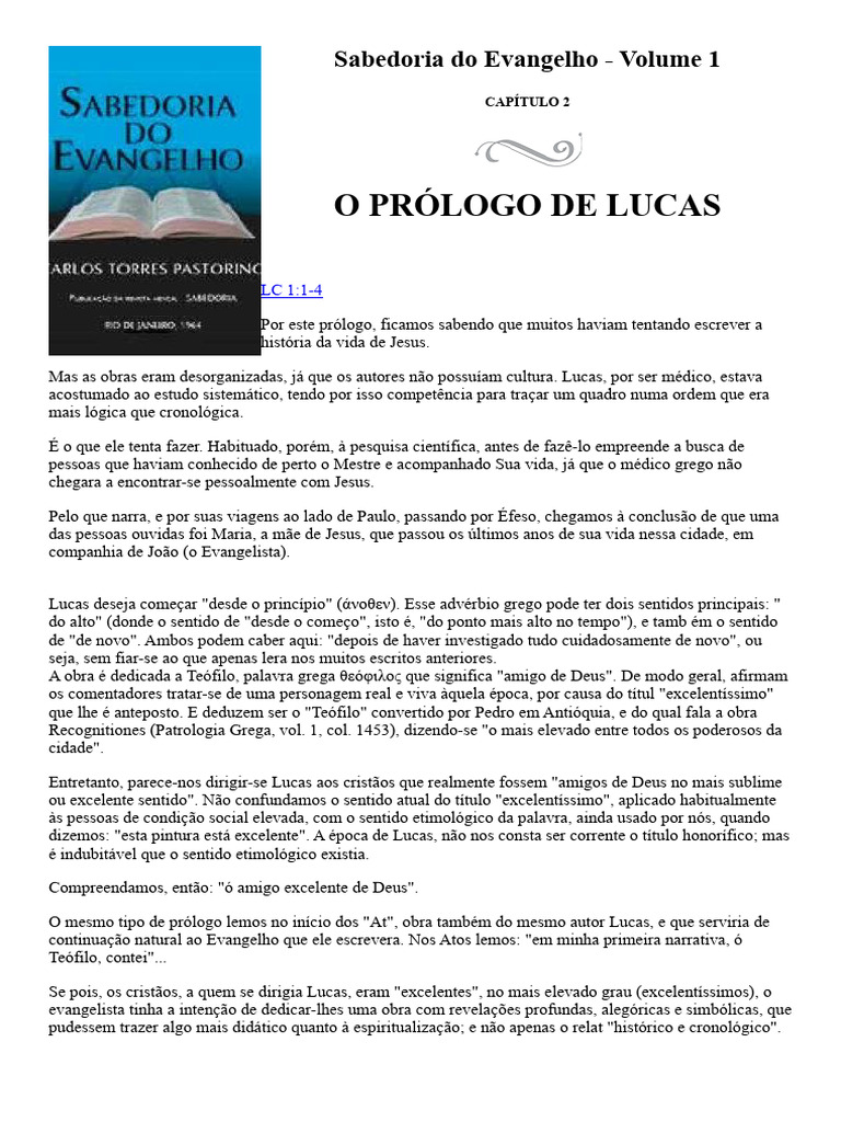 Sabedoria Do Evangelho - Vol1 - O Prólogo de Lucas | PDF | Evangelho de Lucas | Deus