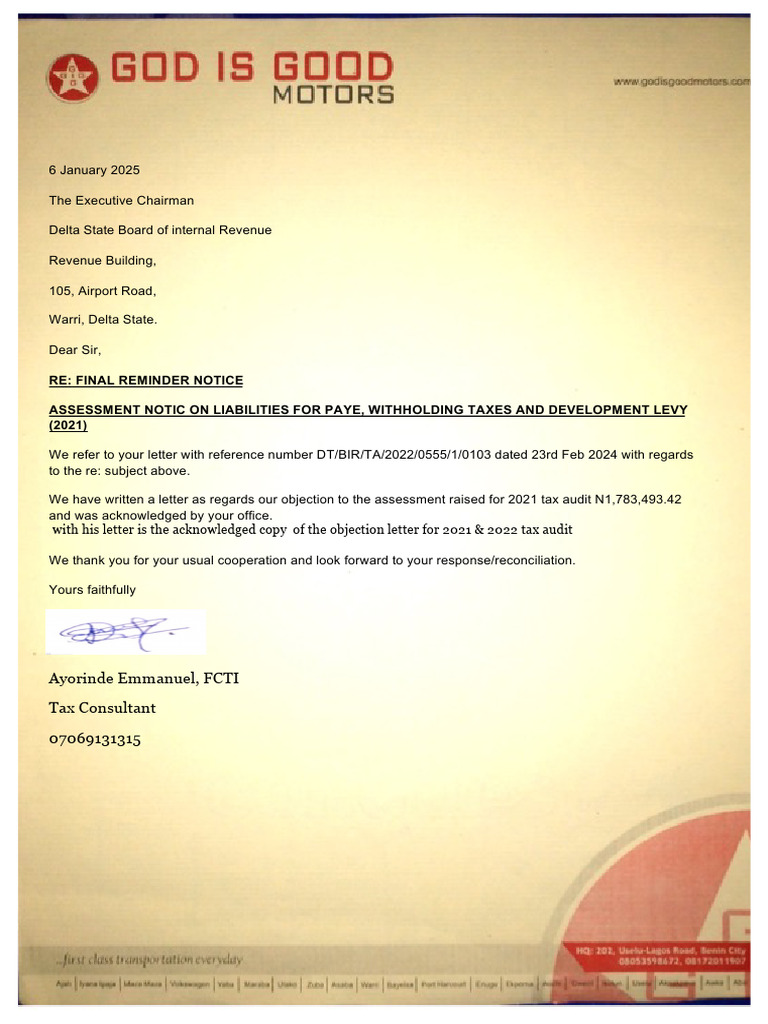 Tax Objection Letter for 2021 Audit | PDF