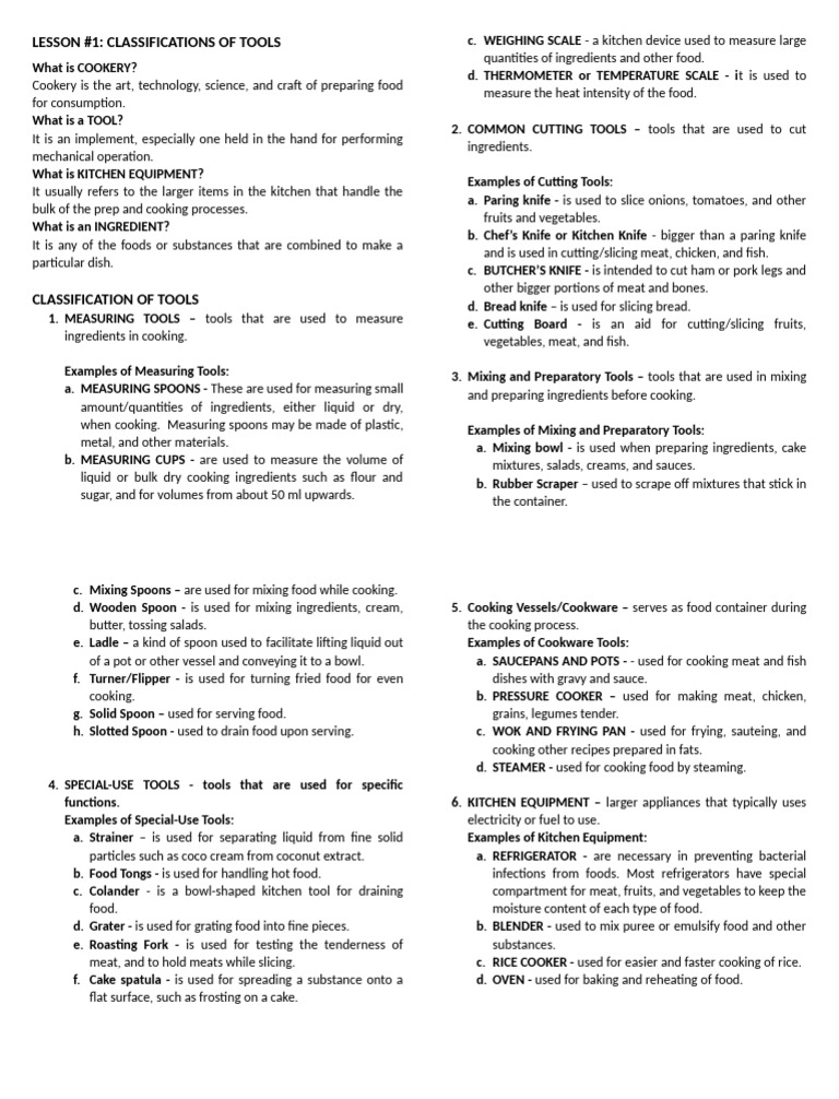Classifications of Tools 1 | PDF | Cooking | Cookware And Bakeware