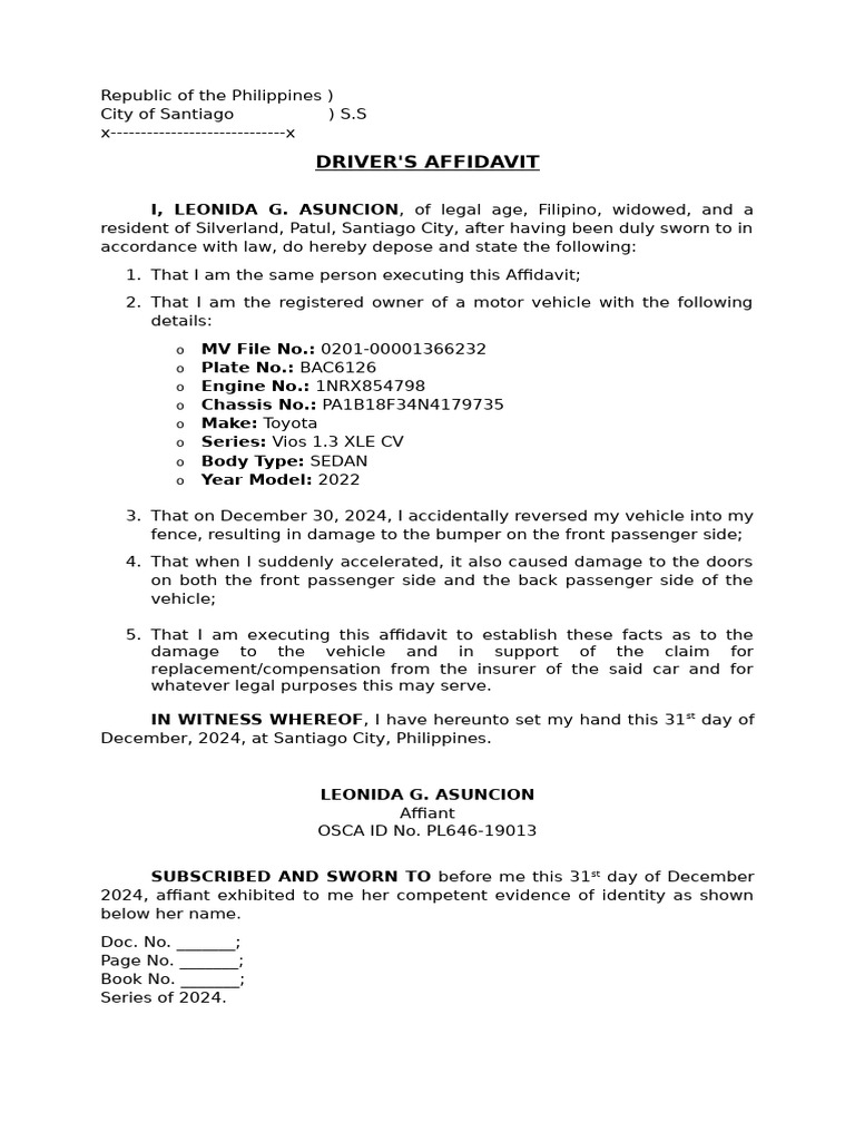 Driver's Affidavit-Leonida Asuncion | PDF